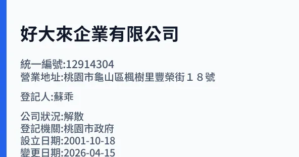 好大來企業有限公司的照片-統編 12914304(桃園市) 公司登記資料與營業項目詳細圖表