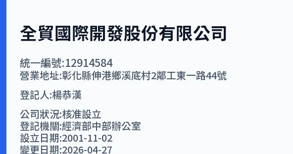 全貿國際開發股份有限公司的照片-統編 12914584(彰化縣) 公司登記資料與營業項目詳細圖表
