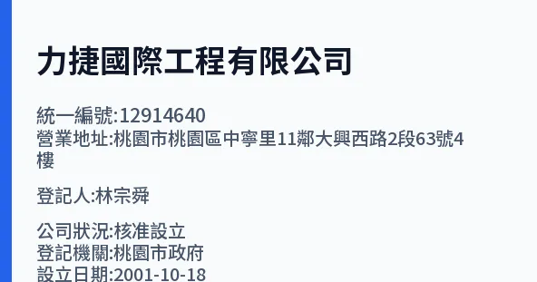 力捷國際工程有限公司的照片-統編 12914640(桃園市) 公司登記資料與營業項目詳細圖表
