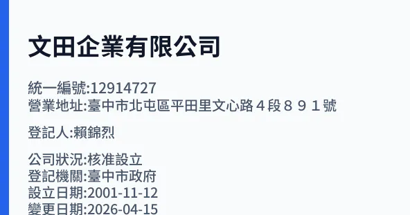 文田企業有限公司的照片-統編 12914727(臺中市) 公司登記資料與營業項目詳細圖表