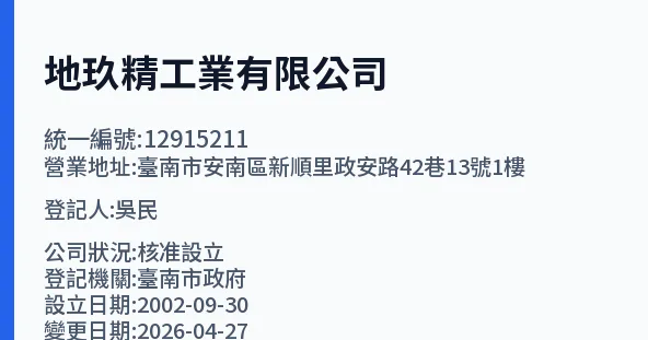 地玖精工業有限公司的照片-統編 12915211(臺南市) 公司登記資料與營業項目詳細圖表