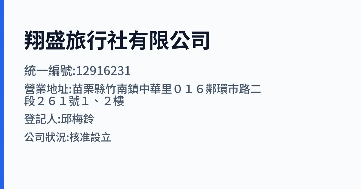 翔盛旅行社有限公司 - 統編 12916231(苗栗縣) 公司登記資料與營業項目詳細圖表