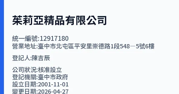 茱莉亞精品有限公司的照片-統編 12917180(臺中市) 公司登記資料與營業項目詳細圖表