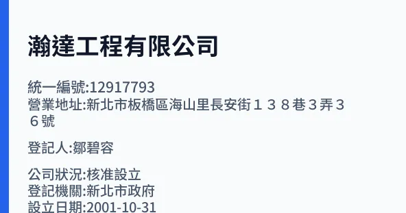 瀚達工程有限公司的照片-統編 12917793(新北市) 公司登記資料與營業項目詳細圖表