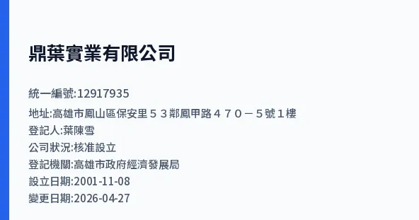 鼎葉實業有限公司的照片-統編 12917935(高雄市) 公司登記資料與營業項目詳細圖表