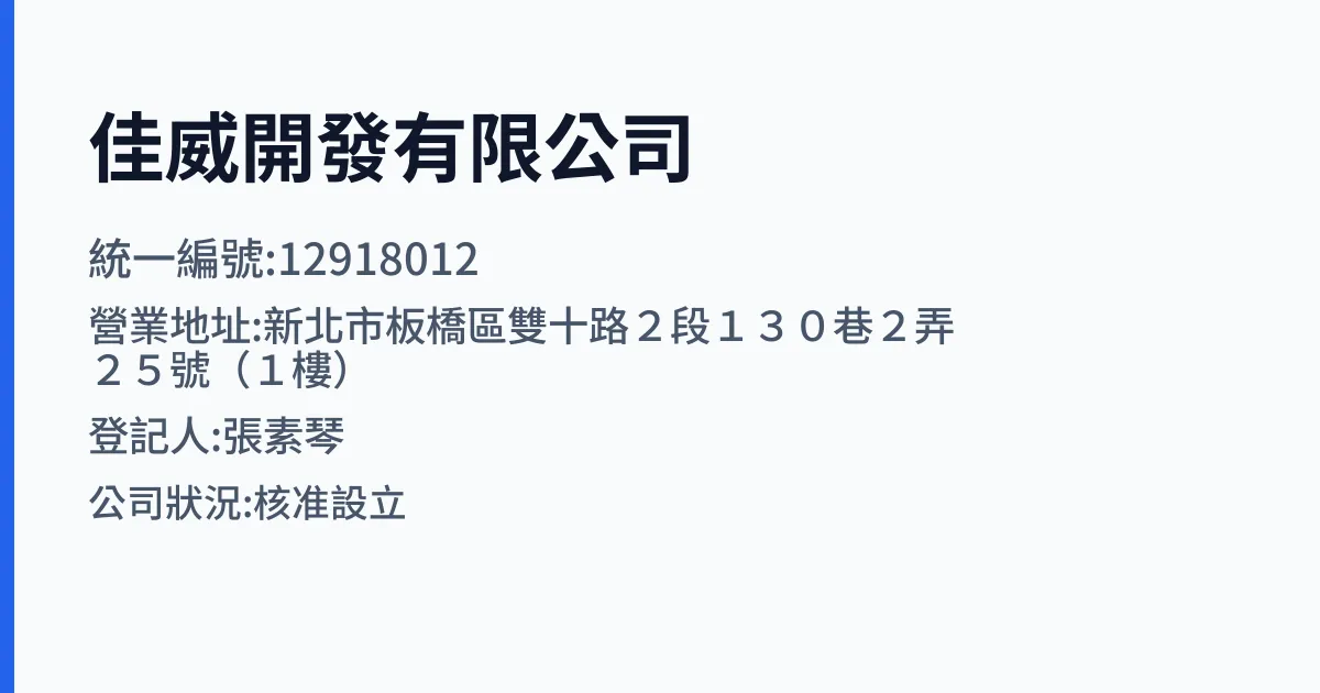 佳威開發有限公司 - 統編 12918012(新北市) 公司登記資料與營業項目詳細圖表