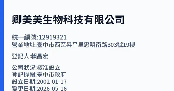 卿美美生物科技有限公司的照片-統編 12919321(臺中市) 公司登記資料與營業項目詳細圖表