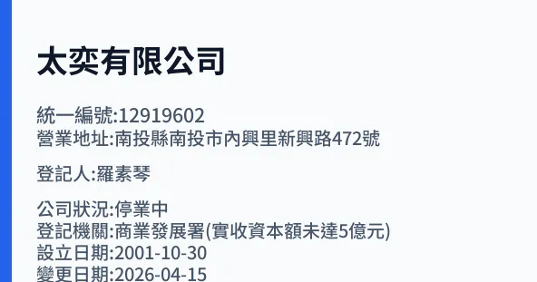太奕有限公司的照片-統編 12919602(南投縣) 公司登記資料與營業項目詳細圖表