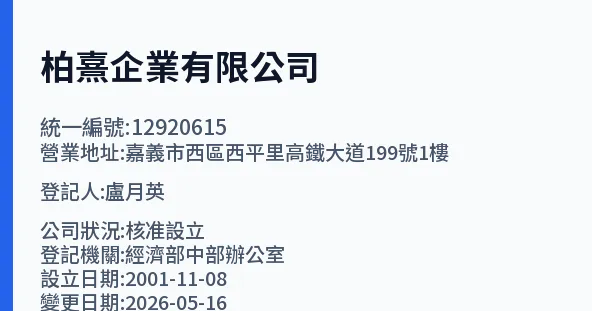 柏熹企業有限公司的照片-統編 12920615(嘉義市) 公司登記資料與營業項目詳細圖表