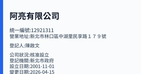 阿亮有限公司的照片-統編 12921311(新北市) 公司登記資料與營業項目詳細圖表