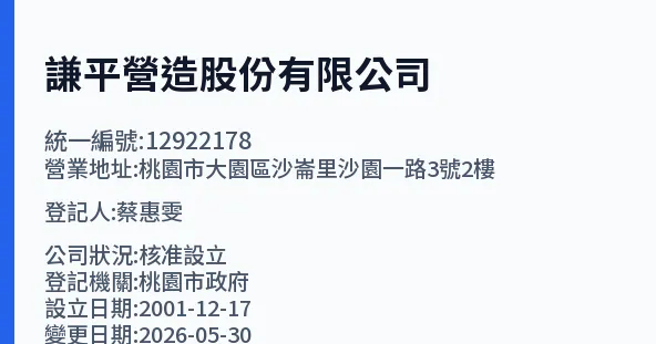 謙平營造股份有限公司的照片-統編 12922178(桃園市) 公司登記資料與營業項目詳細圖表