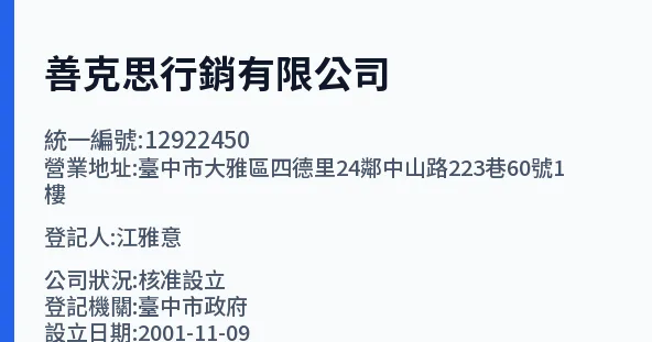 善克思行銷有限公司的照片-統編 12922450(臺中市) 公司登記資料與營業項目詳細圖表
