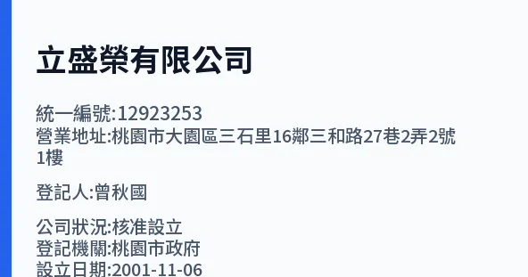 立盛榮有限公司的照片-統編 12923253(桃園市) 公司登記資料與營業項目詳細圖表