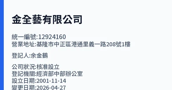 金全藝有限公司的照片-統編 12924160(基隆市) 公司登記資料與營業項目詳細圖表