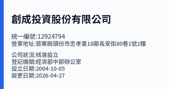 創成投資股份有限公司的照片-統編 12924794(苗栗縣) 公司登記資料與營業項目詳細圖表