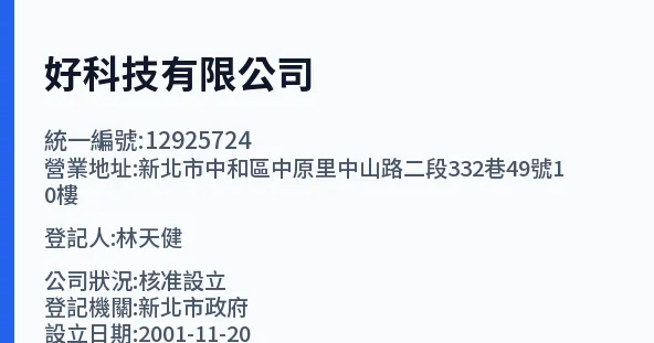 好科技有限公司的照片-統編 12925724(新北市) 公司登記資料與營業項目詳細圖表
