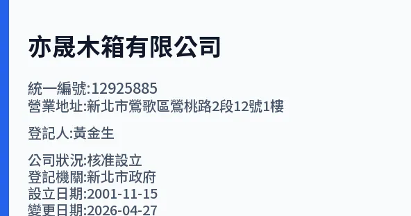 亦晟木箱有限公司的照片-統編 12925885(新北市) 公司登記資料與營業項目詳細圖表