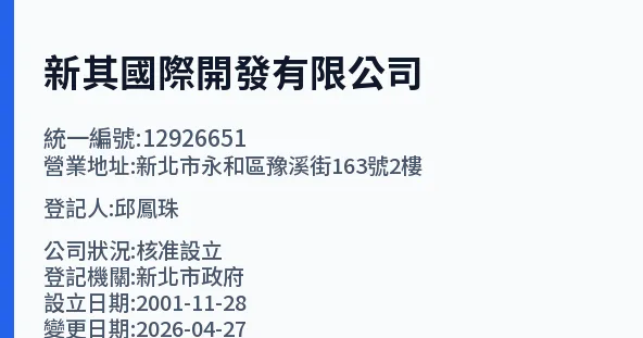新其國際開發有限公司的照片-統編 12926651(新北市) 公司登記資料與營業項目詳細圖表