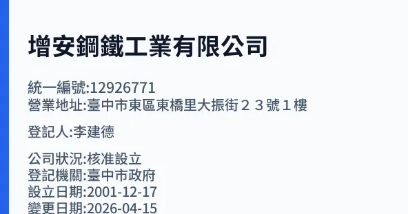 增安鋼鐵工業有限公司的照片-統編 12926771(臺中市) 公司登記資料與營業項目詳細圖表