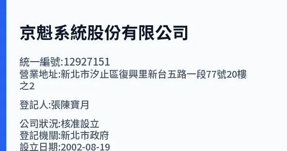 京魁系統股份有限公司的照片-統編 12927151(新北市) 公司登記資料與營業項目詳細圖表