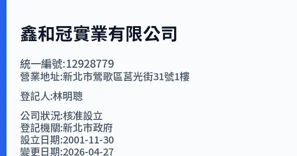 鑫和冠實業有限公司的照片-統編 12928779(新北市) 公司登記資料與營業項目詳細圖表