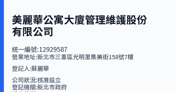 美麗華公寓大廈管理維護股份有限公司的照片-統編 12929587(新北市) 公司登記資料與營業項目詳細圖表
