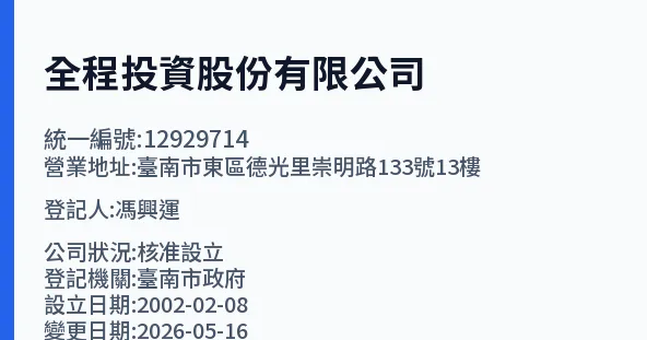 全程投資股份有限公司的照片-統編 12929714(臺南市) 公司登記資料與營業項目詳細圖表