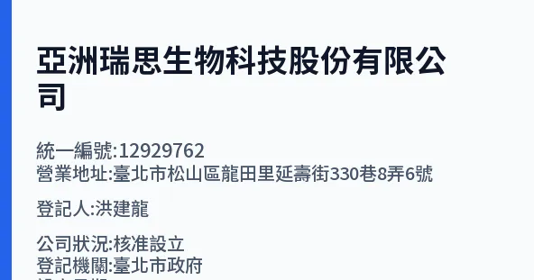 亞洲瑞思生物科技股份有限公司的照片-統編 12929762(臺北市) 公司登記資料與營業項目詳細圖表