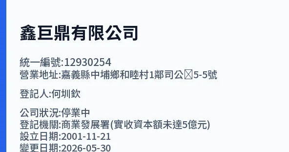 鑫巨鼎有限公司的照片-統編 12930254(嘉義縣) 公司登記資料與營業項目詳細圖表