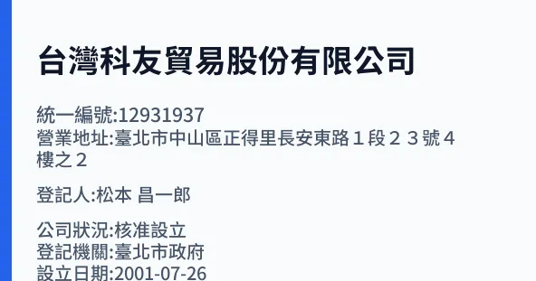 台灣科友貿易股份有限公司的照片-統編 12931937(臺北市) 公司登記資料與營業項目詳細圖表