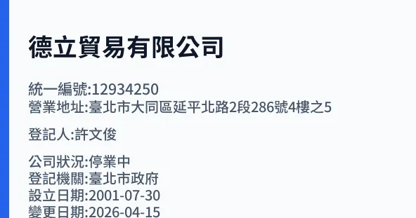 德立貿易有限公司的照片-統編 12934250(臺北市) 公司登記資料與營業項目詳細圖表