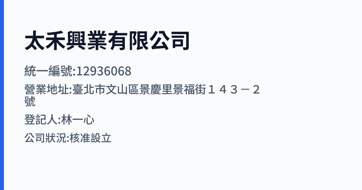 太禾興業有限公司 - 統編 12936068(臺北市) 公司登記資料與營業項目詳細圖表