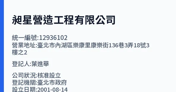 昶星營造工程有限公司的照片-統編 12936102(臺北市) 公司登記資料與營業項目詳細圖表
