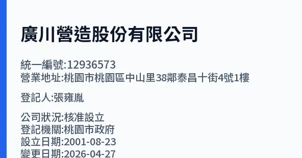 廣川營造股份有限公司的照片-統編 12936573(桃園市) 公司登記資料與營業項目詳細圖表