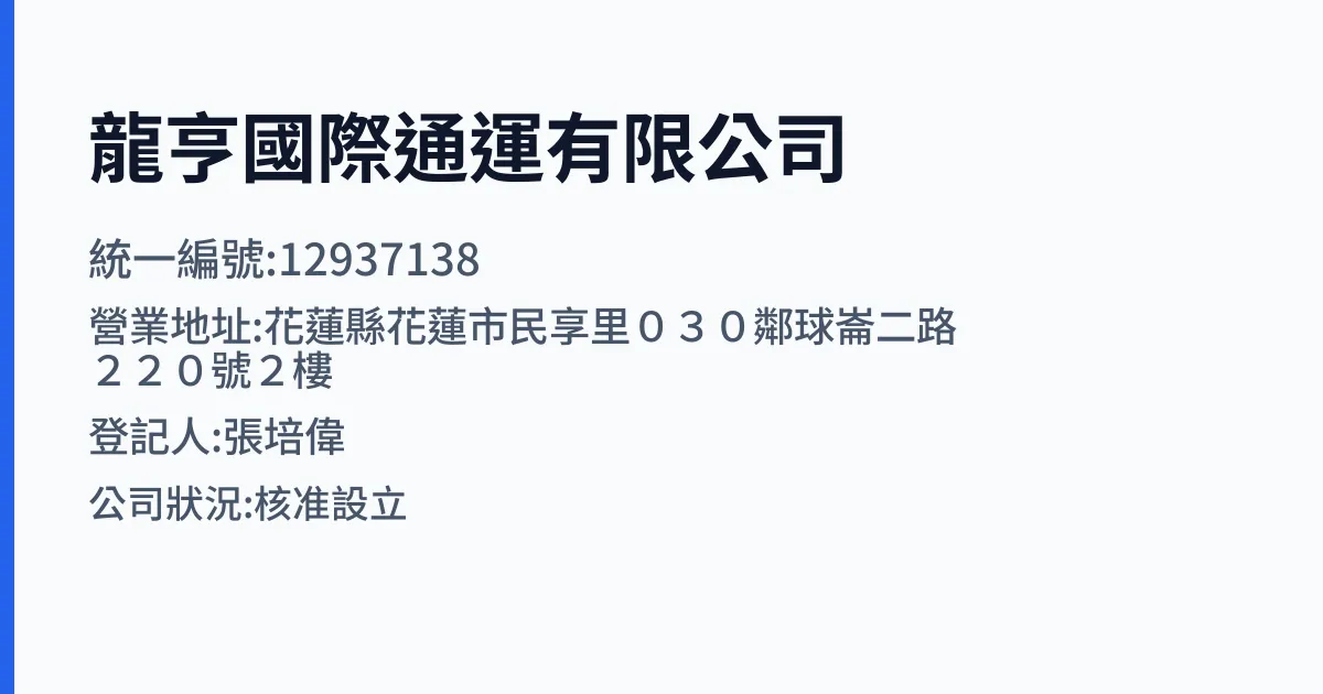 龍亨國際通運有限公司 - 統編 12937138（花蓮縣） 公司登記資料與營業項目詳細圖表