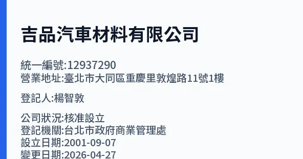 吉品汽車材料有限公司的照片-統編 12937290(臺北市) 公司登記資料與營業項目詳細圖表