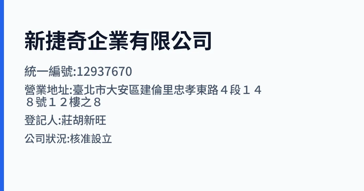 新捷奇企業有限公司 - 統編 12937670(臺北市) 公司登記資料與營業項目詳細圖表