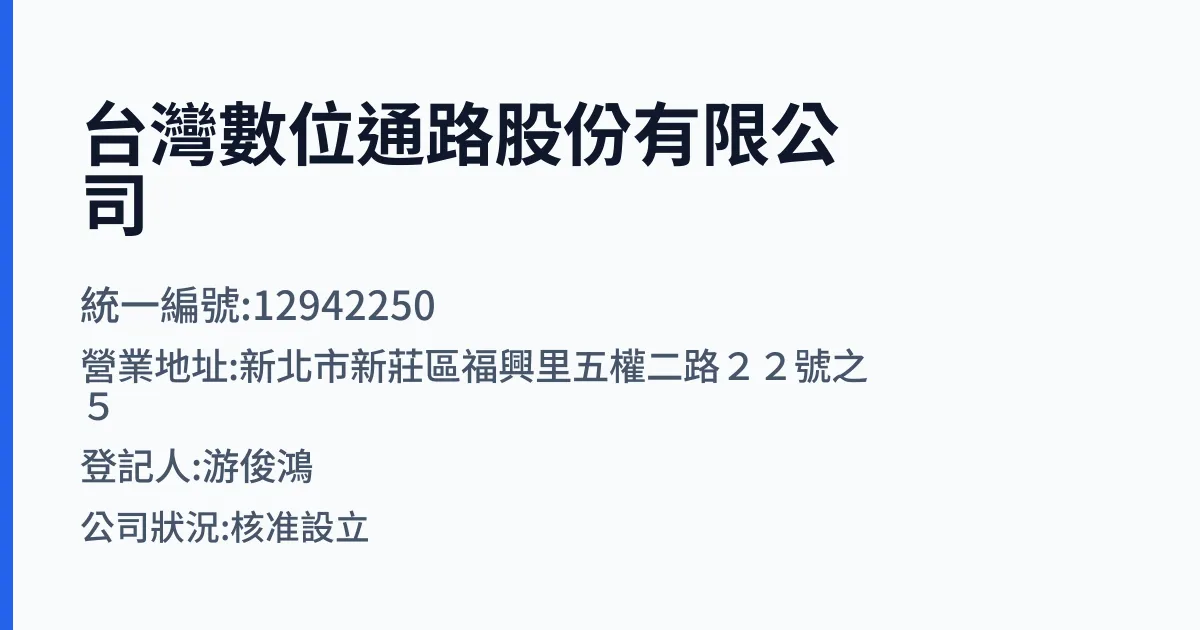 台灣數位通路股份有限公司 - 統編 12942250(新北市) 公司登記資料與營業項目詳細圖表