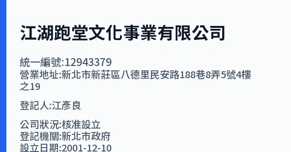 江湖跑堂文化事業有限公司的照片-統編 12943379(新北市) 公司登記資料與營業項目詳細圖表