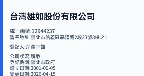台灣雄如股份有限公司的照片-統編 12944237(臺北市) 公司登記資料與營業項目詳細圖表