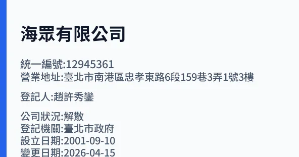 海眾有限公司的照片-統編 12945361(臺北市) 公司登記資料與營業項目詳細圖表