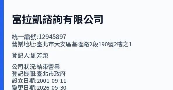 富拉凱諮詢有限公司的照片-統編 12945897(臺北市) 公司登記資料與營業項目詳細圖表