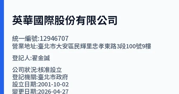 英華國際股份有限公司的照片-統編 12946707(臺北市) 公司登記資料與營業項目詳細圖表