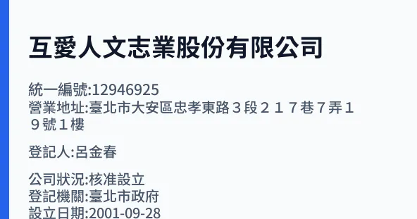 互愛人文志業股份有限公司的照片-統編 12946925(臺北市) 公司登記資料與營業項目詳細圖表