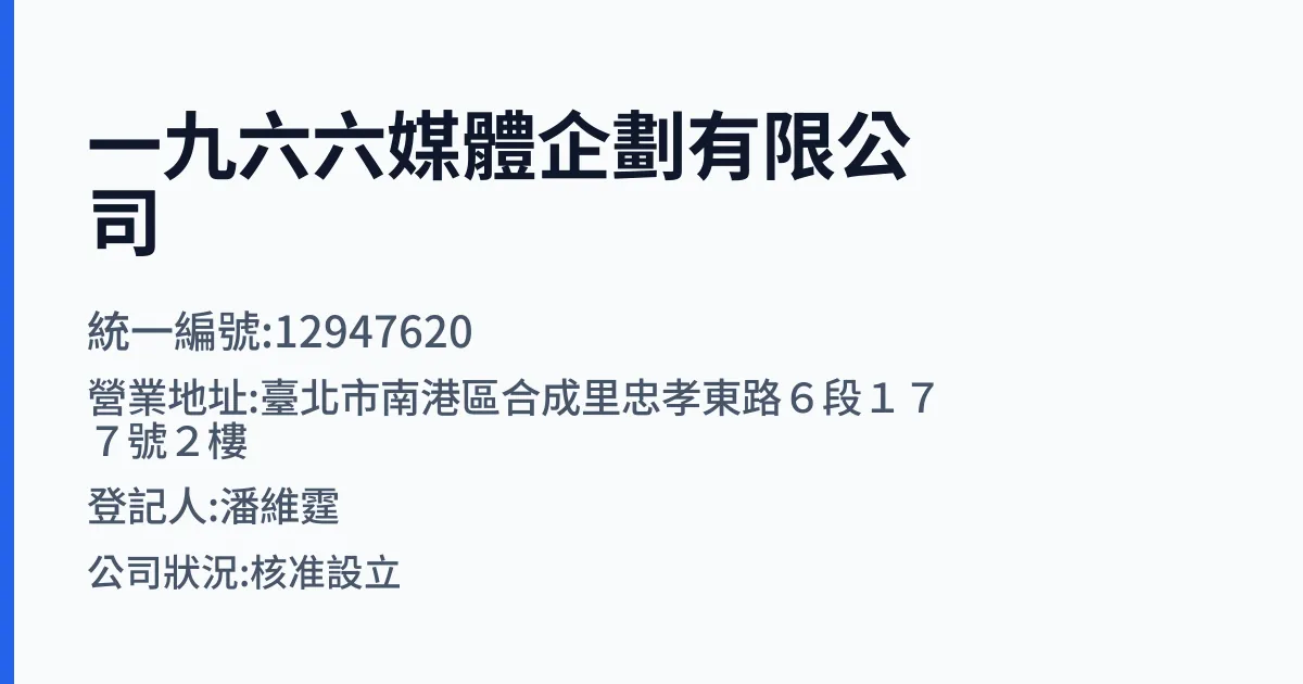 一九六六媒體企劃有限公司 - 統編 12947620(臺北市) 公司登記資料與營業項目詳細圖表