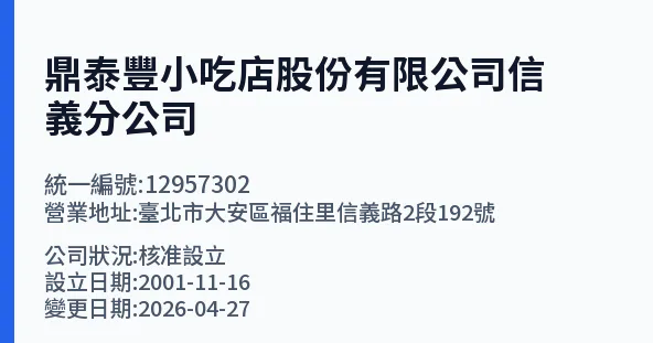 鼎泰豐小吃店股份有限公司信義分公司的照片-統編 12957302(臺北市) 公司登記資料與營業項目詳細圖表