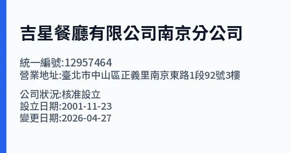 吉星餐廳有限公司南京分公司的照片-統編 12957464(臺北市) 公司登記資料與營業項目詳細圖表