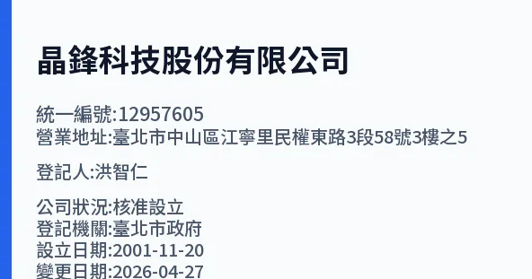 晶鋒科技股份有限公司的照片-統編 12957605(臺北市) 公司登記資料與營業項目詳細圖表