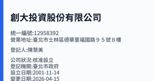 創大投資股份有限公司的照片-統編 12958392(臺北市) 公司登記資料與營業項目詳細圖表