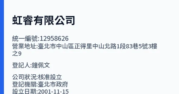 虹睿有限公司的照片-統編 12958626(臺北市) 公司登記資料與營業項目詳細圖表